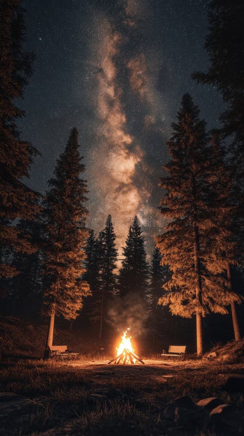 A Campfire Lit Up in the Middle of a Forest at Night, AI Stock Image ...