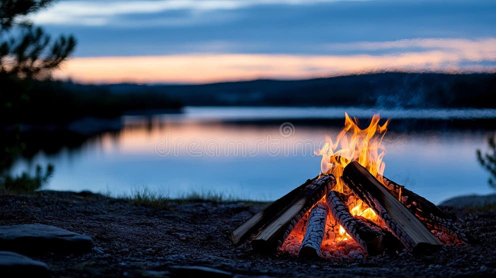 A Campfire is Lit Up by the Water at Dusk Stock Photo - Image of trees ...