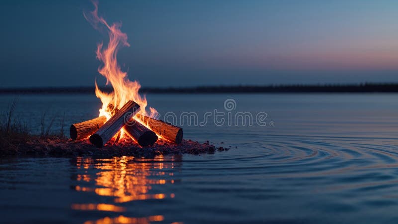 A Campfire is Lit Up by the Water at Dusk Stock Photo - Image of high ...