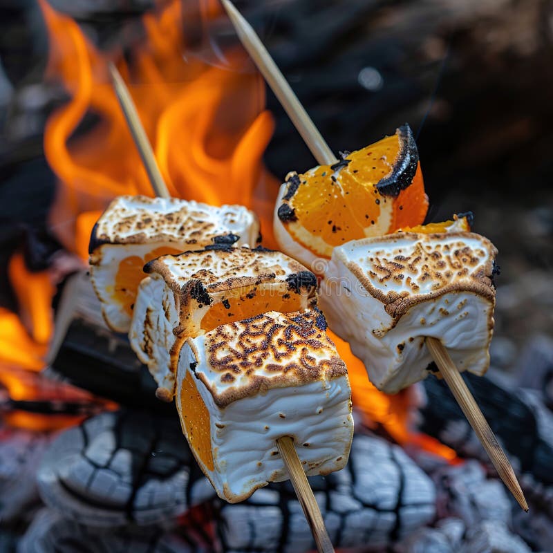 Campfire Marshmallows and Oranges on Skewers Roasting Over Flames Stock ...