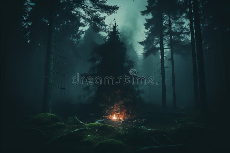 A Campfire in the Middle of a Dark Forest Stock Illustration ...