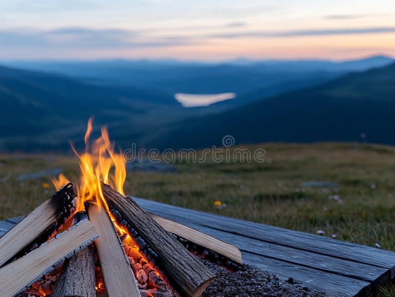 A Campfire in the Middle of a Grassy Field with Mountains in the ...
