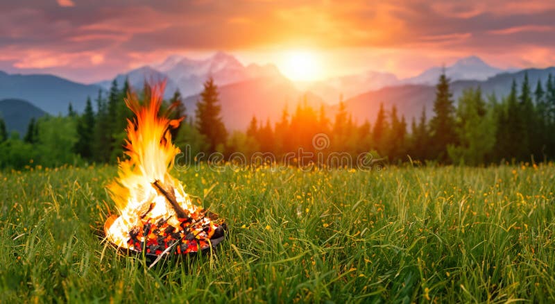 Campfire in the Middle of a Meadow in Spring with Beautiful Mountains ...