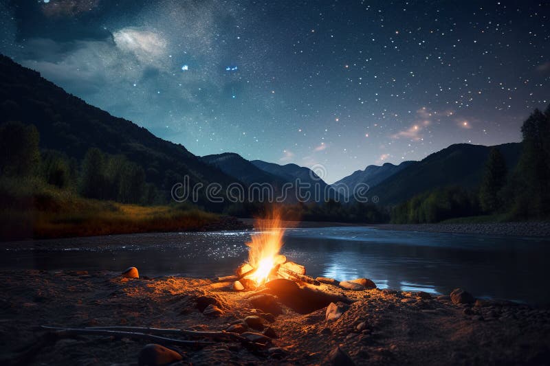 A Campfire in the Middle of a River with Mountains in the Background ...