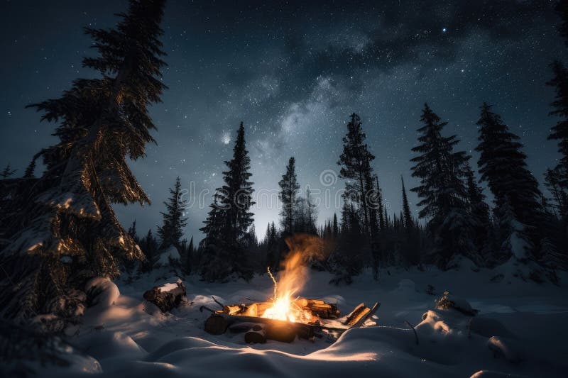 Campfire in the Middle of Snowy Forest, with View of Starry Night Sky ...