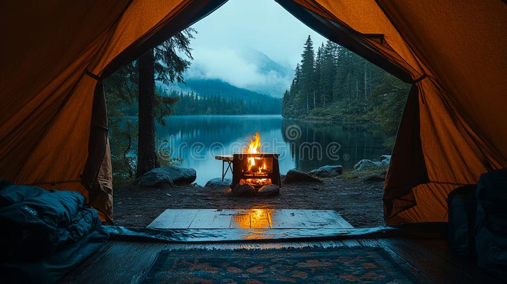 A Campfire in the Middle of a Tent Next To a Lake Stock Photo - Image ...