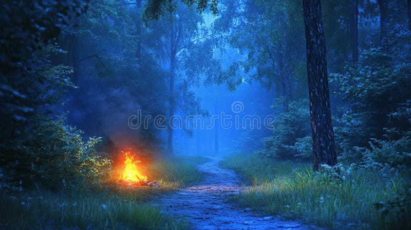 Campfire in a Misty Blue Forest at Night Stock Image - Image of ...