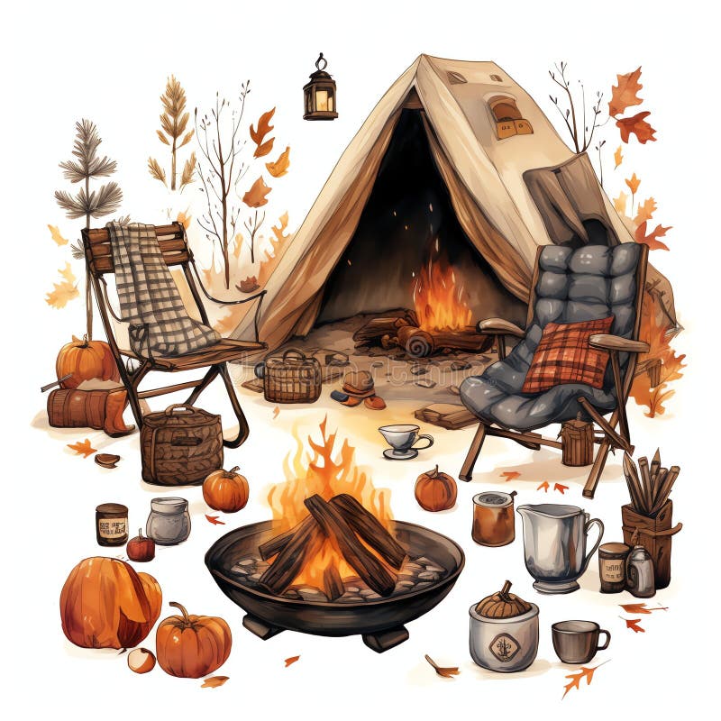 Campfire Moments Autumn Fall Watercolor Illustration Stock Illustration ...