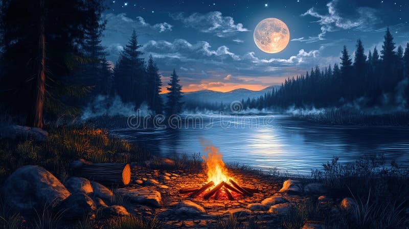 Campfire Moonlit Lake Tranquil Forest Stock Photos - Free & Royalty ...