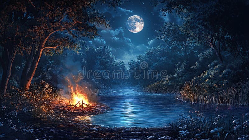 Campfire by Moonlit River in Forest Stock Photo - Image of river ...