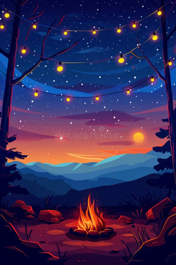 Campfire in Mountains at Night with String Lights Stock Illustration ...