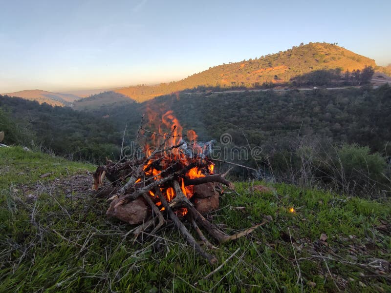 Campfire in the Mountains at Sunset, in the Foreground the Trees and ...