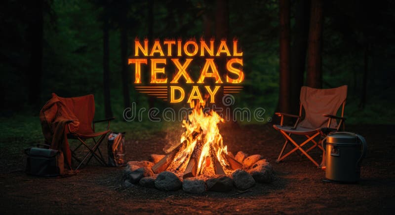Campfire on National Texas Day in Forest with Chairs and Warm Glow ...
