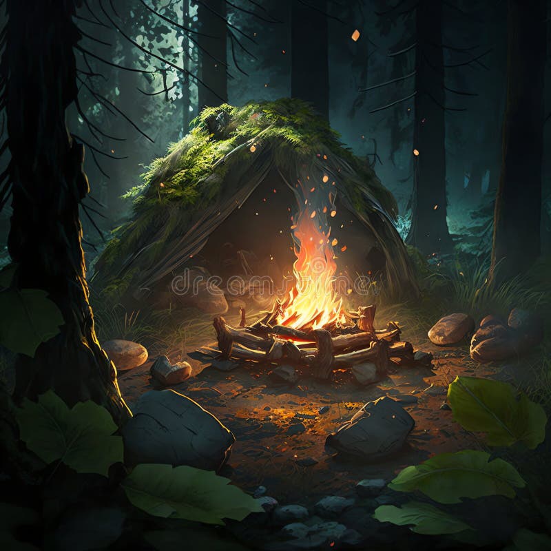 A Campfire Near a Hut Made of Branches in a Forest. Created with ...