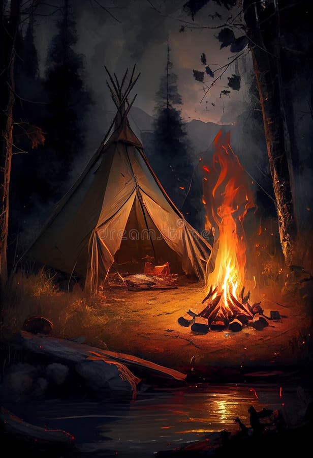 Campfire Near a Tent in a Picturesque Outdoor Setting. AI Generated ...