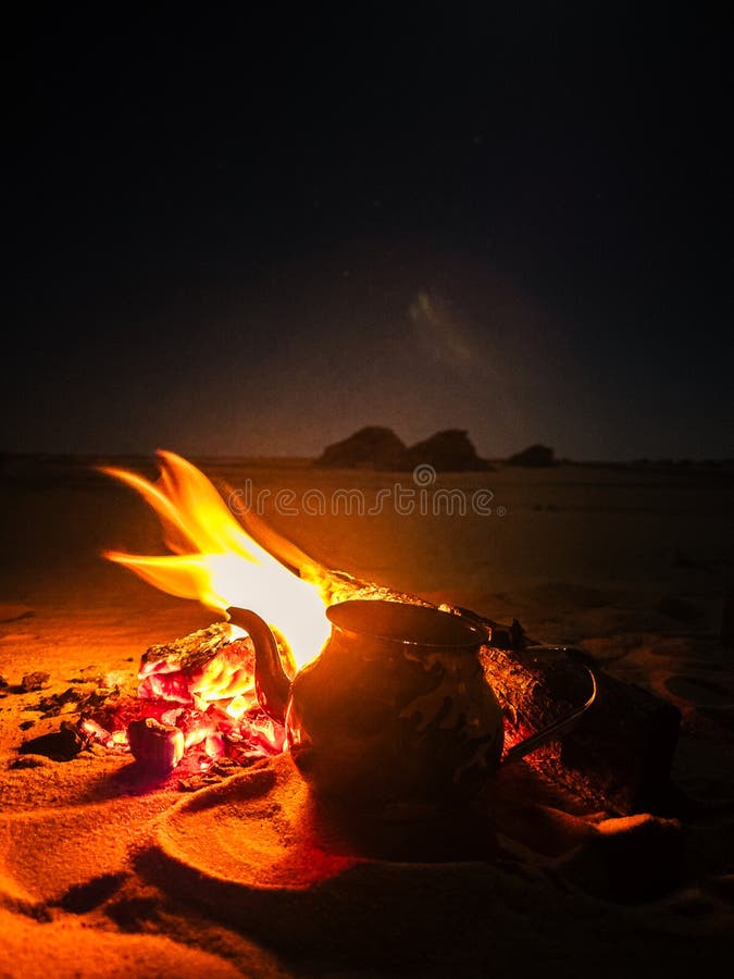 Campfire in the Night Camp in the White Desert in Egypt. Fire Under the ...
