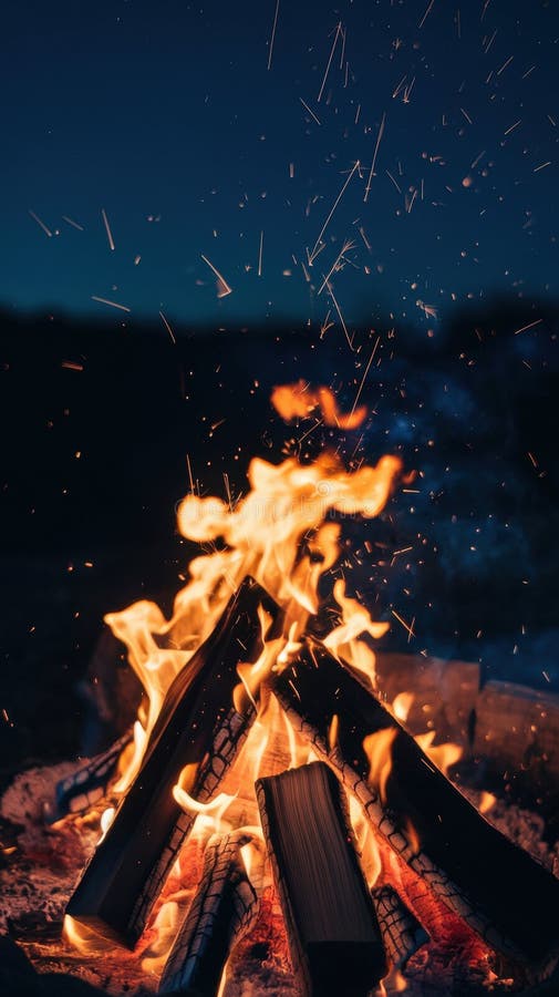 Campfire at Night with Person Holding Burning Stick Stock Illustration ...