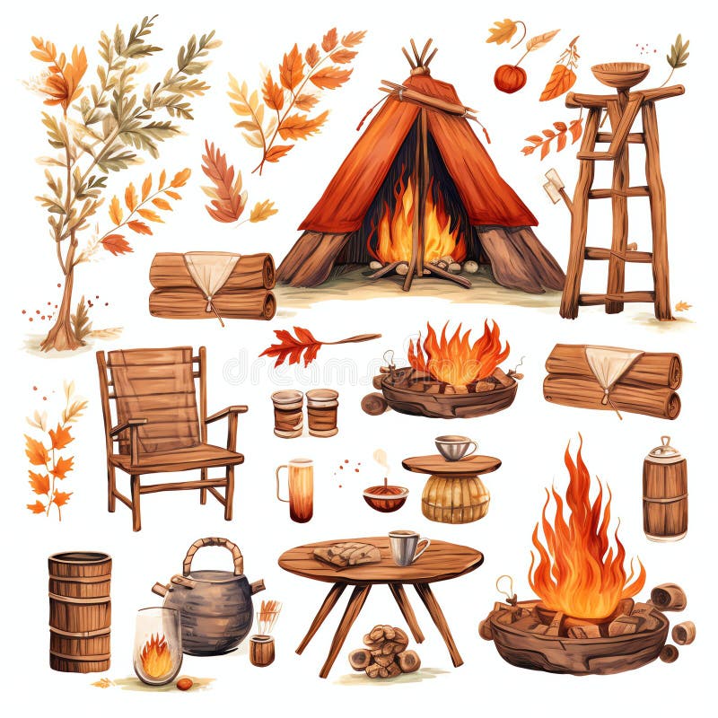 Campfire Nights Autumn Fall Watercolor Illustration Stock Illustration ...