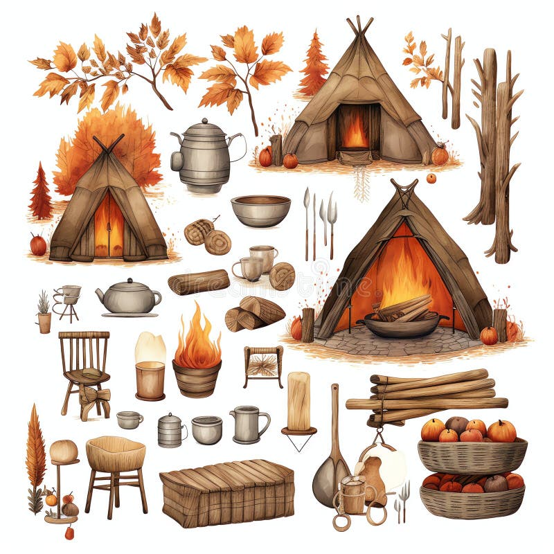 Campfire Nights Autumn Fall Watercolor Illustration Stock Illustration ...