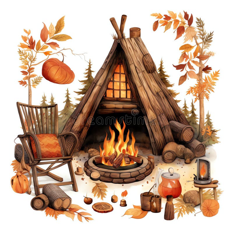 Campfire Nights Autumn Fall Watercolor Illustration Stock Illustration ...