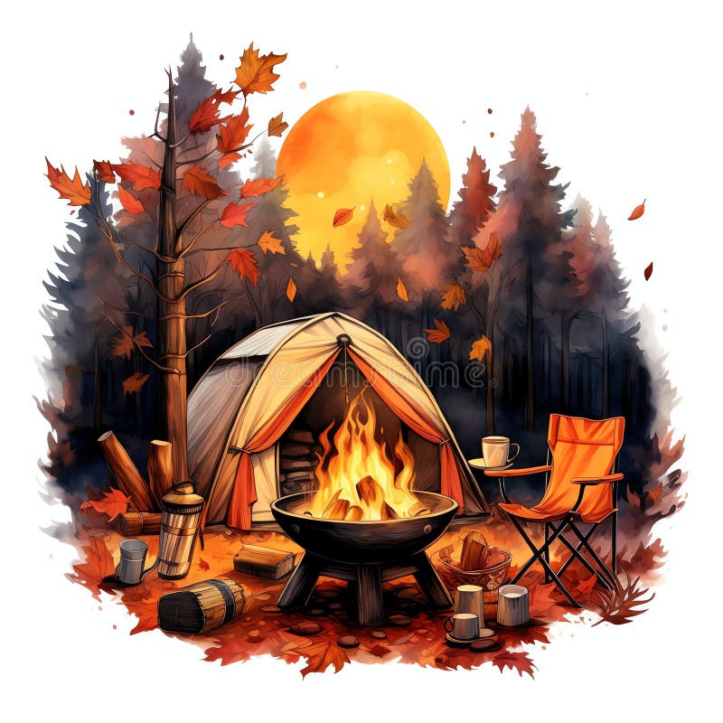 Campfire Nightscape Autumn Fall Watercolor Illustration Stock ...