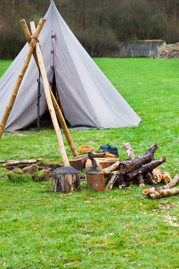 Campfire with old tent stock photo. Image of house, horizontal - 20991424