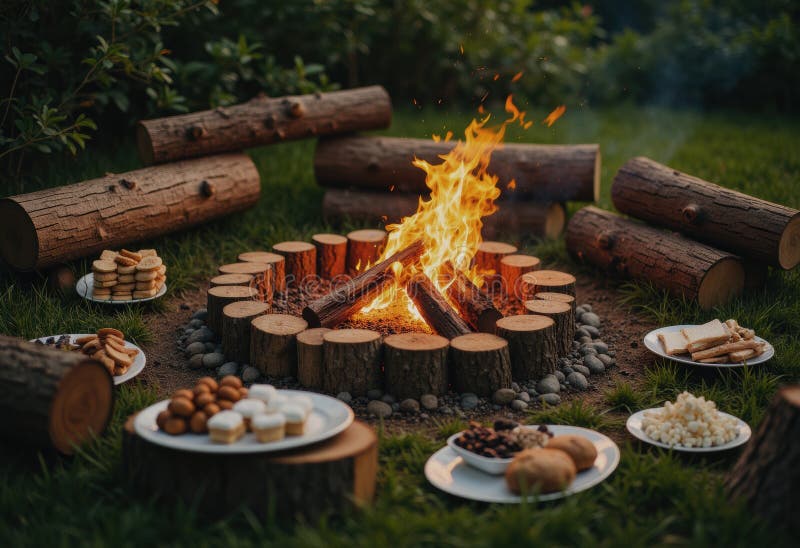 Campfire Party Scene with Logs and Snacks Arranged on the Grass Stock ...