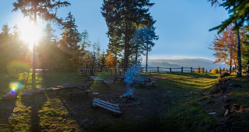 Campfire Place in Glade in the Mountains Stock Image - Image of leisure ...