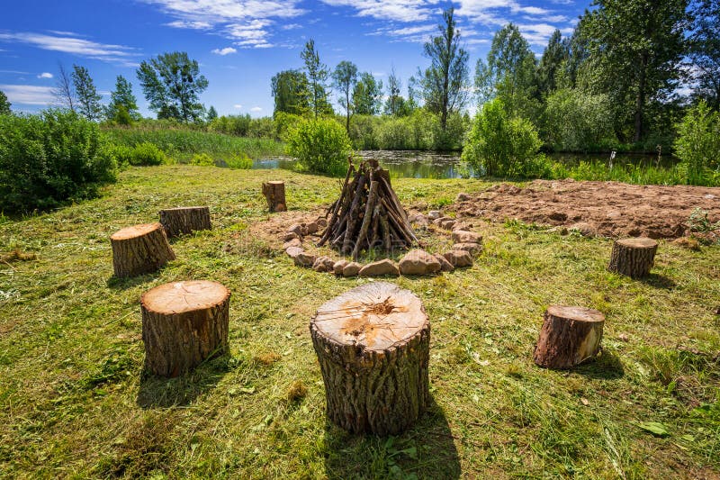 Campfire Place at the Lake in Summer Time Stock Photo - Image of ...