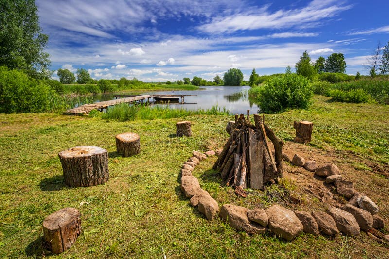 Campfire Place at the Lake in Summer Time Stock Image - Image of ...