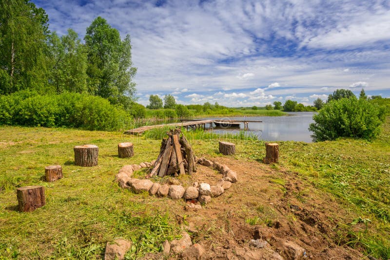 Campfire Place at the Lake in Summer Time Stock Photo - Image of ...