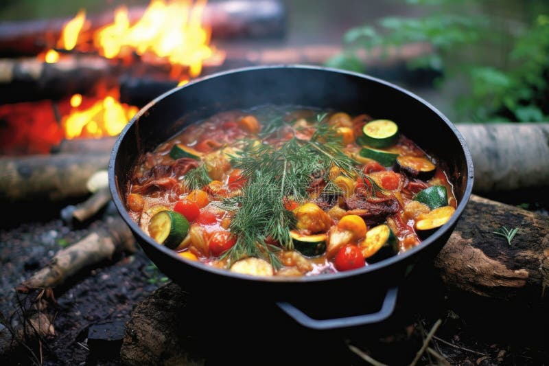 Campfire with a Pot of Ratatouille Cooking Over it Stock Illustration ...