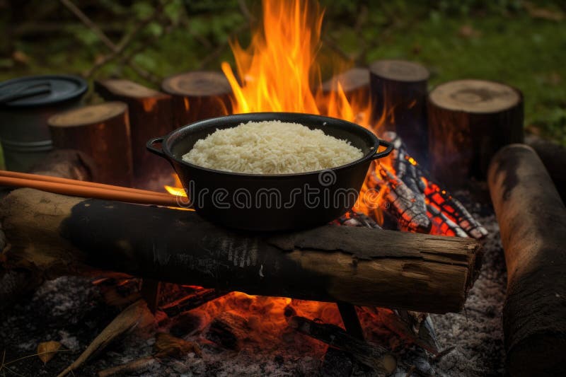 Campfire with Rice Pot, Cast Iron Skillet, and Flames Stock Photo ...
