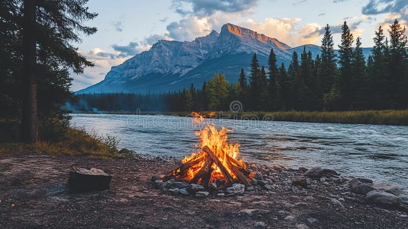 Campfire by River at Sunset with Mountain Backdrop Stock Illustration ...