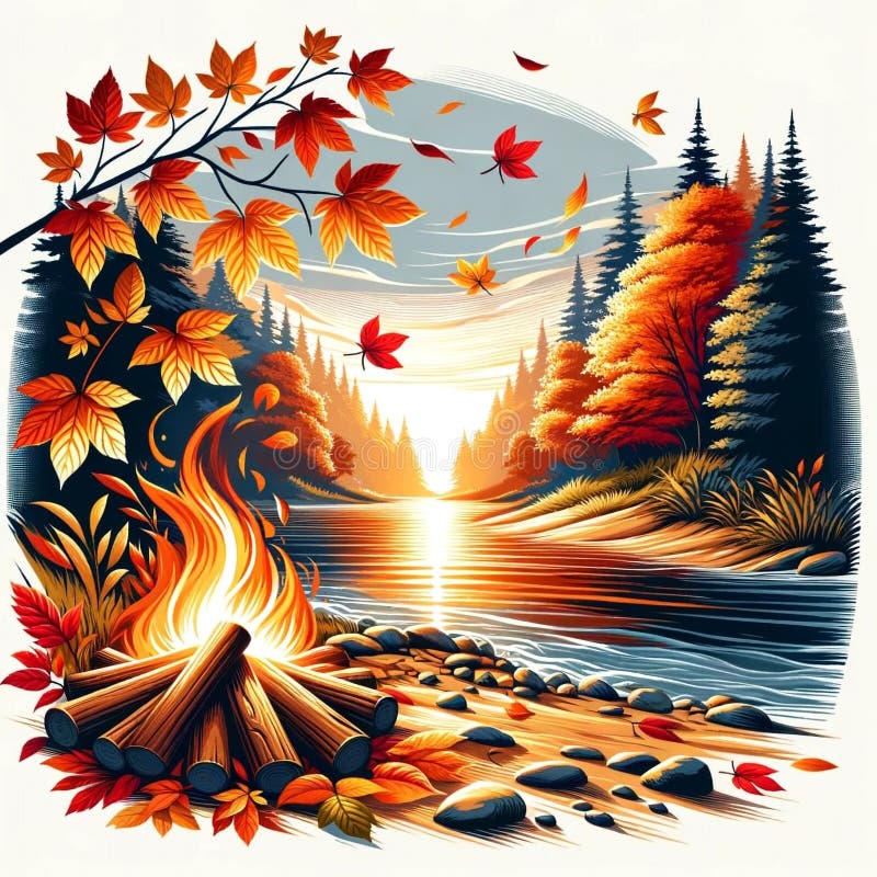 A Campfire by the Riverside, with Autumn Leaves Fluttering in the Warm ...