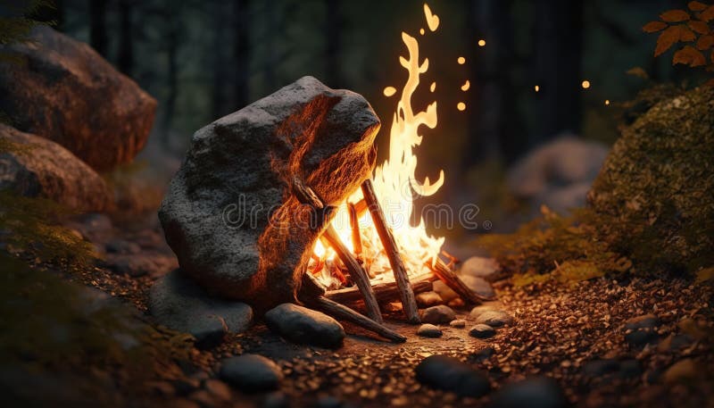 A Campfire with a Rock and Firewood in the Foreground and a Forest with ...
