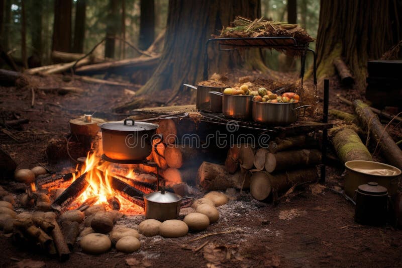 Campfire with Rustic Outdoor Cooking Setup for Cioppino Stock ...
