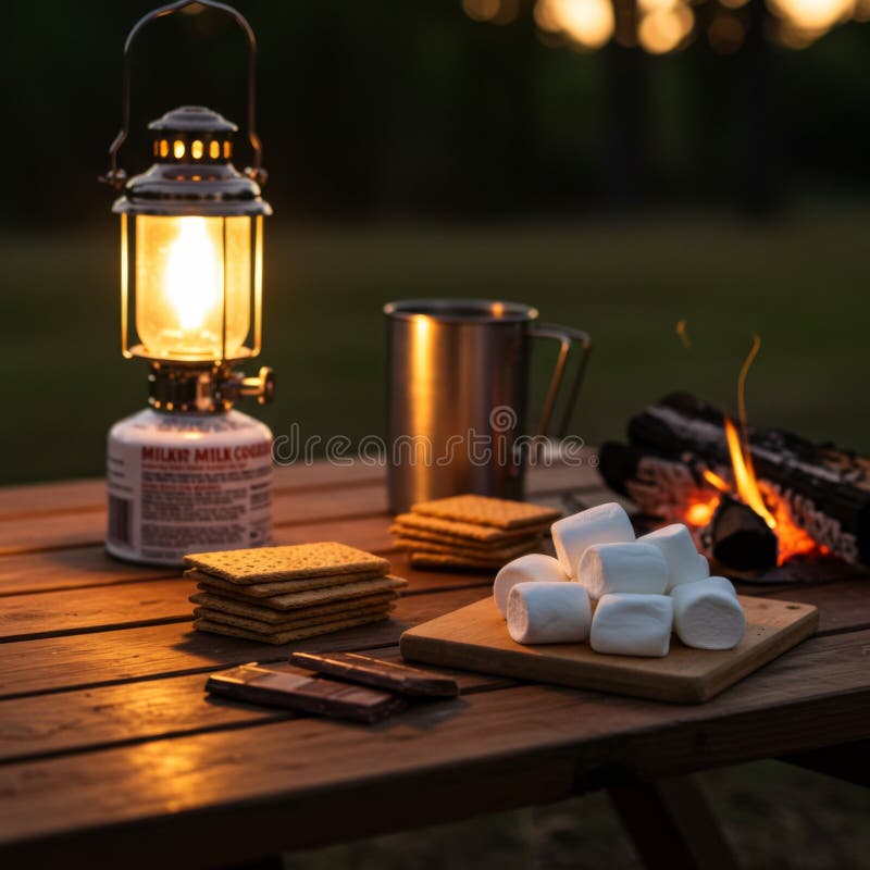 Campfire S Mores at Dusk: Warm Lantern Light on Wooden Table Stock ...