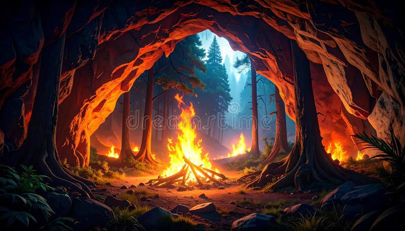 Campfire Scene Inside Cave: a Warm Embrace Amidst the Forest S Glow ...