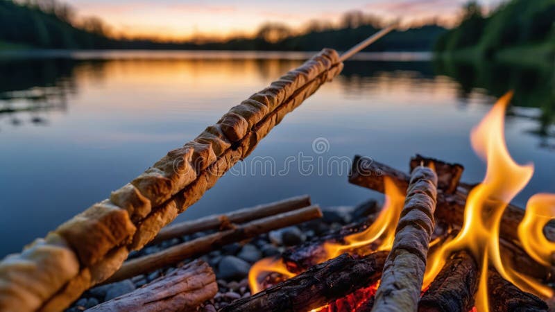 A Campfire Scene by a Lake at Sunset, with Food Being Cooked on a Stick ...