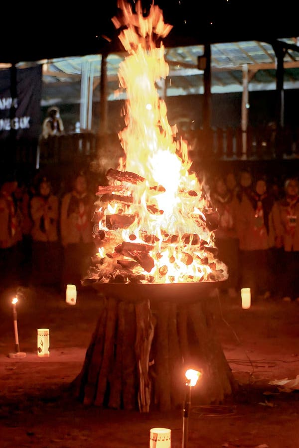 A Campfire at a Scout Camping Event that is Lit Stock Image - Image of ...