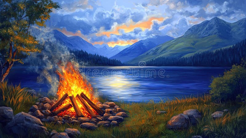 Campfire by Serene Mountain Lake at Sunset Stock Image - Image of ...