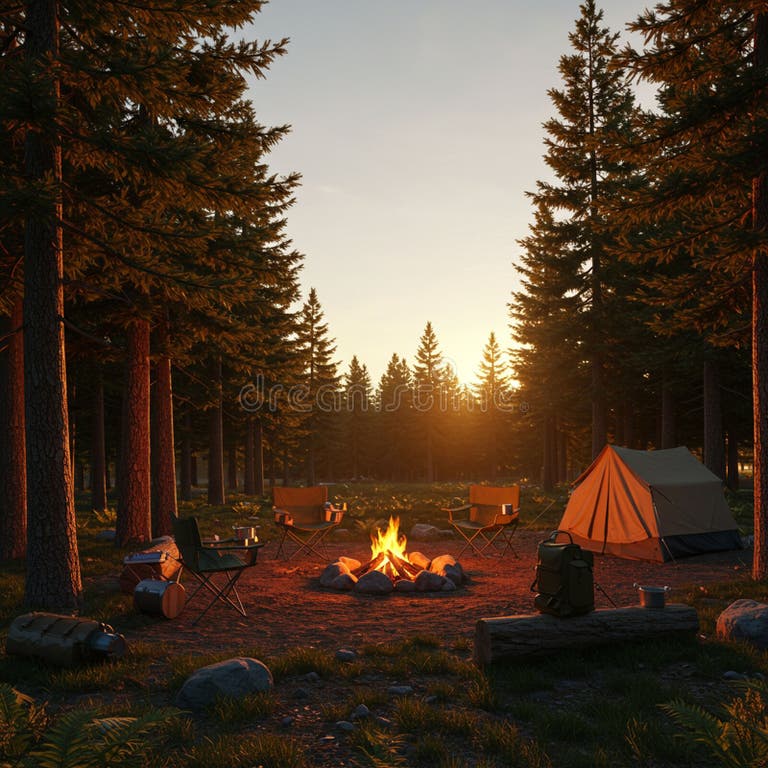 Campfire Setup in a Dense Forest Setting with Tall Pine Trees (Pinus ...