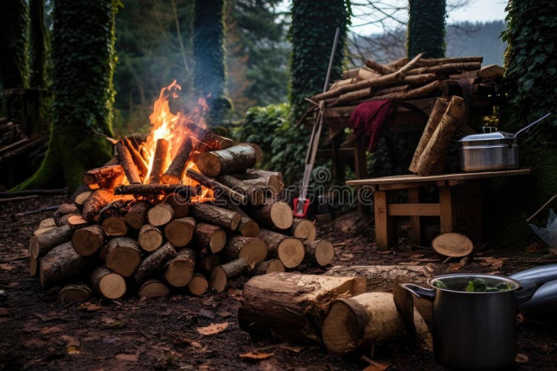 Campfire Setup with Firewood and Kindling Stock Image - Image of ...