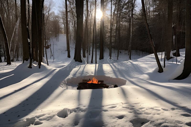Campfire, with Shadows Dancing on the Snow from the Surrounding Trees ...