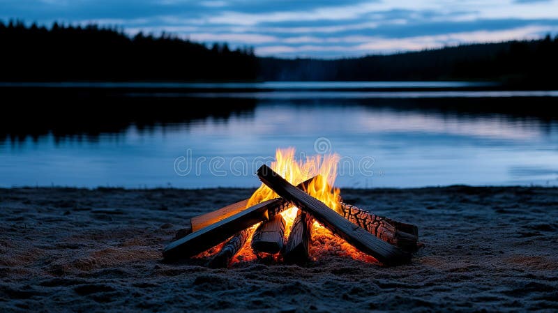A Campfire on the Shore of a Lake at Dusk Stock Image - Image of trees ...