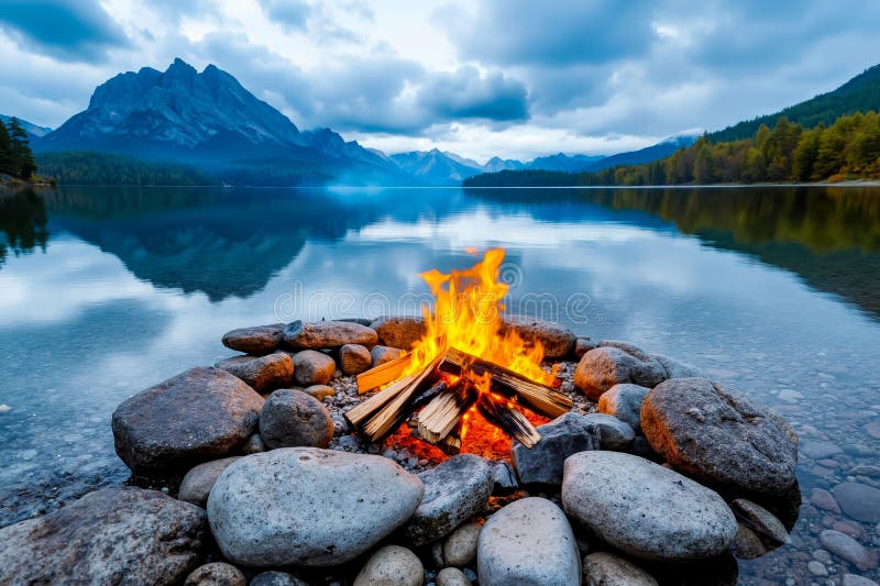 A Campfire on the Shore of a Lake with Mountains in the Background ...