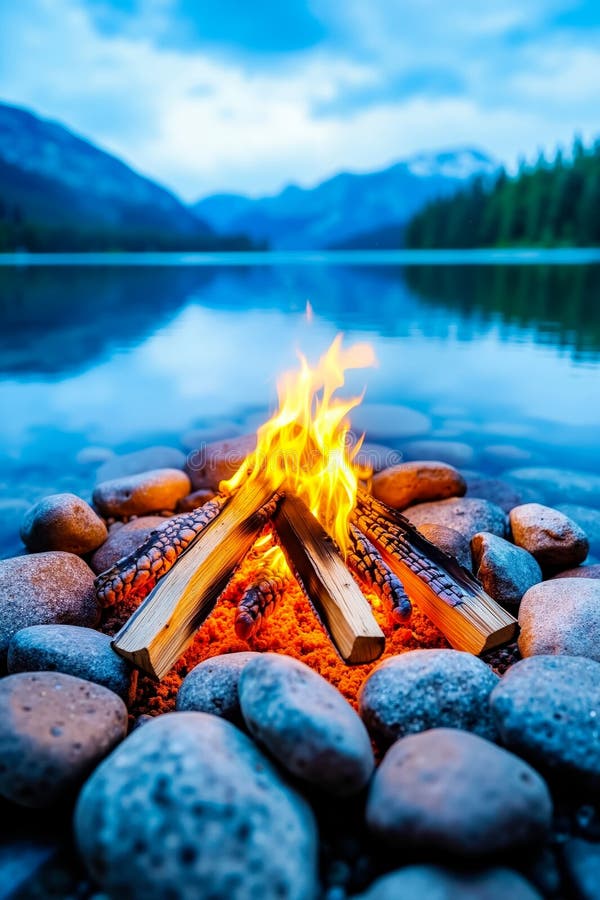 A Campfire on the Shore of a Lake Surrounded by Rocks Stock Photo ...