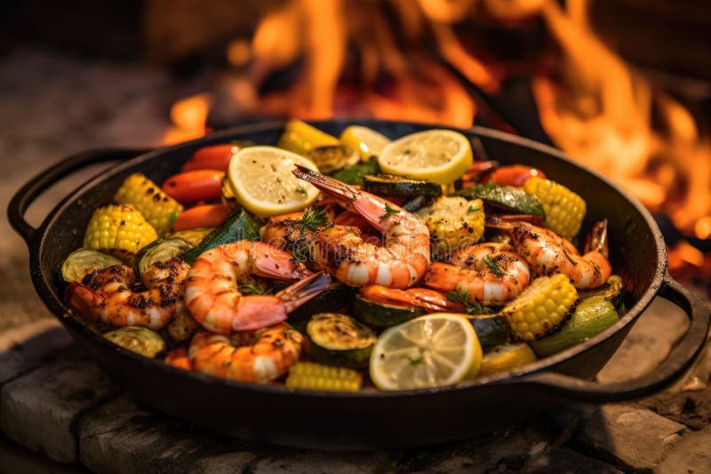 Campfire Shrimp with Assorted Grilled Vegetables Stock Illustration ...
