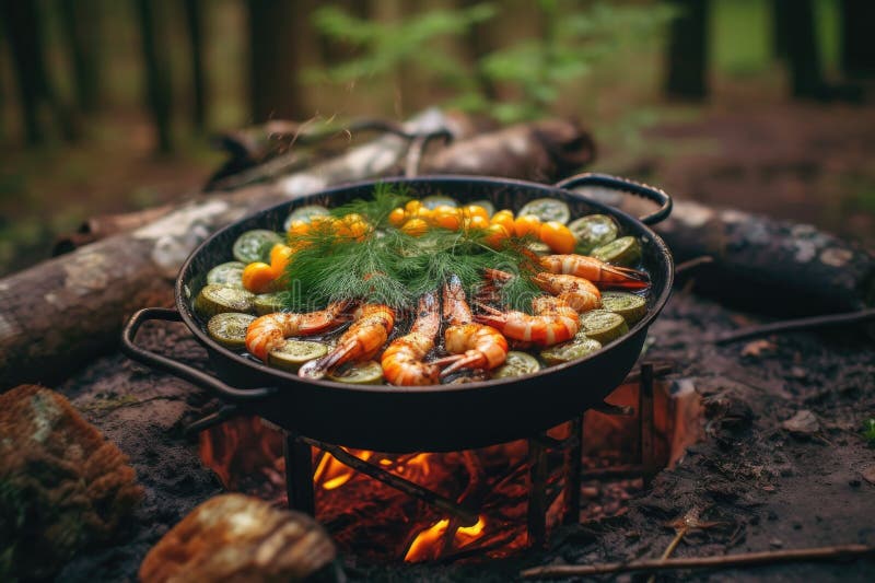 Campfire Shrimp with Herbs and Spices on Skewers Stock Illustration ...